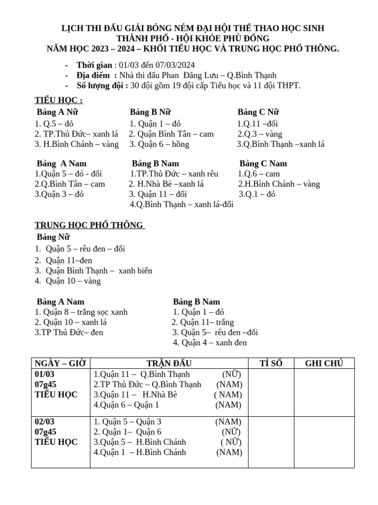 Lich Thi Dau HKPD Cap Ithpt 2024 | PDF