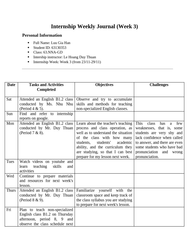 INTERSHIP JOURNAL-WEEK 3-LƯU GIA HÂN | PDF