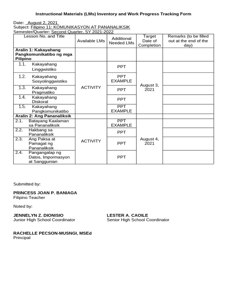 Filipino 11 LMs Inventory & Tracking | PDF