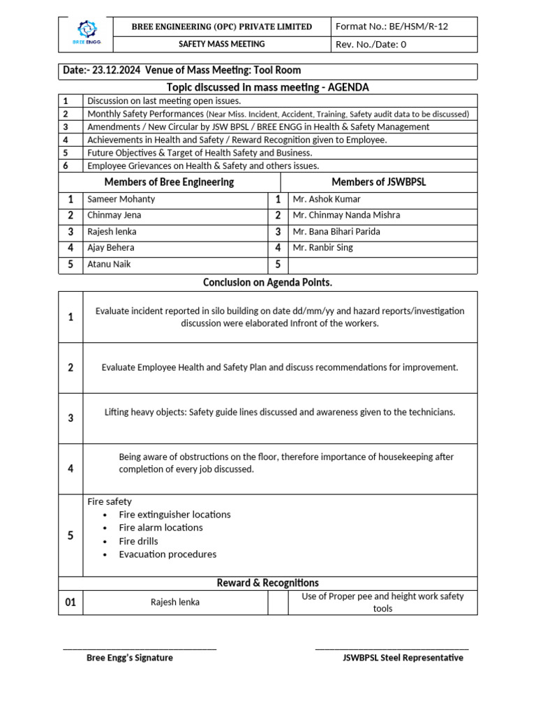 Safety Mass Meeting Agenda Overview | PDF | Occupational Safety And ...