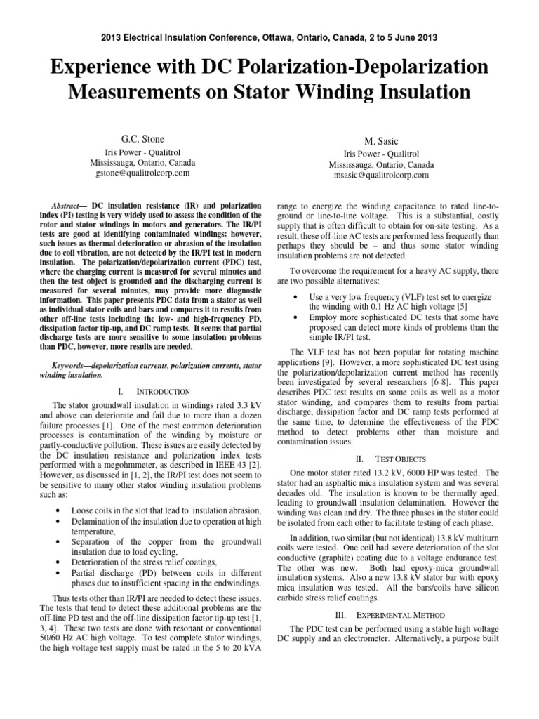 Experience With DC Polarization Depolarization Measurements on Stator ...