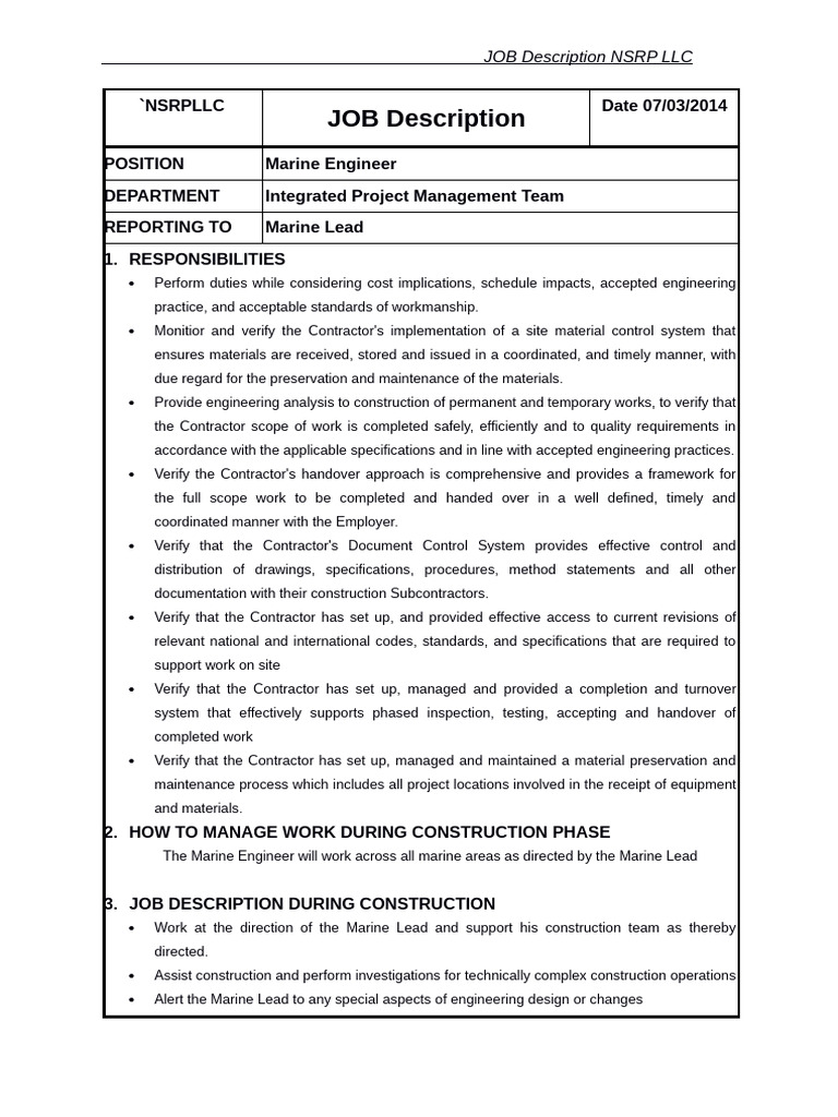 Marine Engineer Job Description | PDF | General Contractor ...