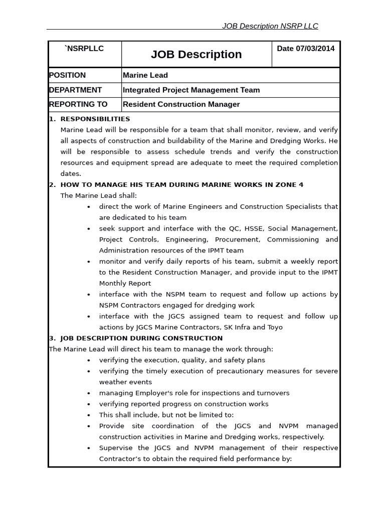 Marine Lead Job Description at NSRP LLC | PDF | Business