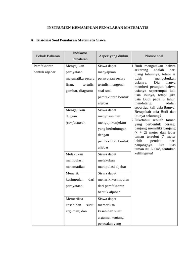 Instrumen Kemampuan Penalaran Matematis | PDF