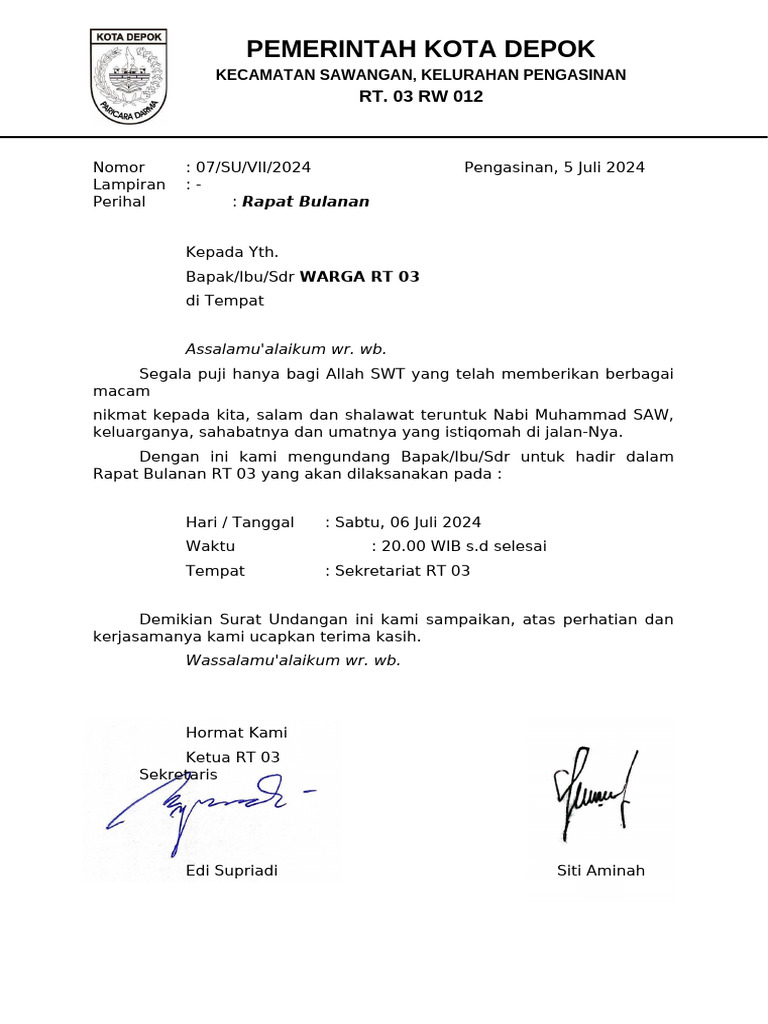 Surat Undangan Rapat Bulanan | PDF