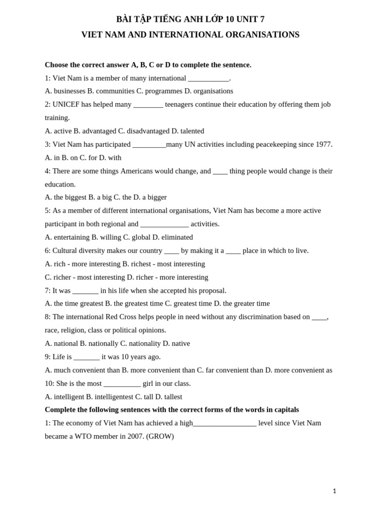 Bài Tập Tiếng Anh Lớp 10 Unit 7 - hs | PDF | Unicef | United Nations