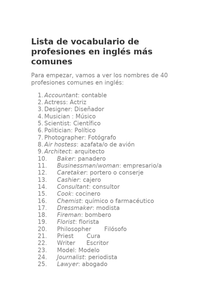 Vocabulario de 40 profesiones en inglés | PDF