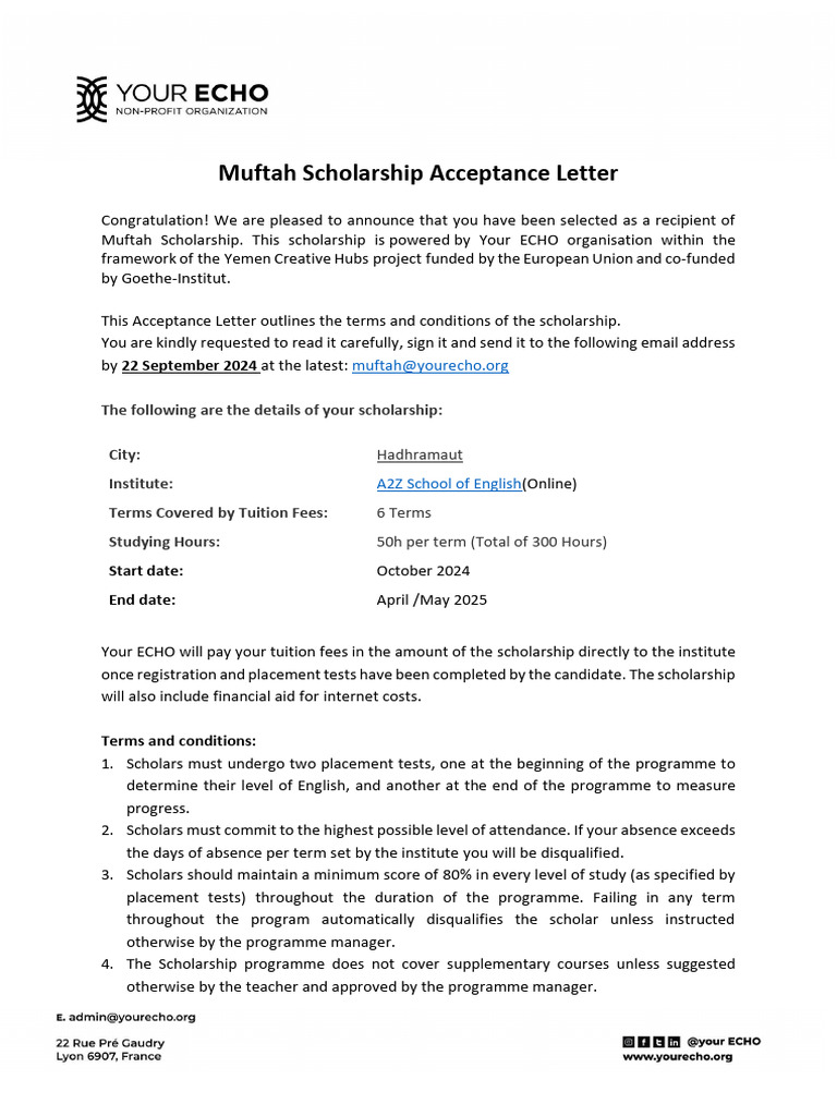 230410_Scholarship Acceptance Letter-Hadhramaut | PDF