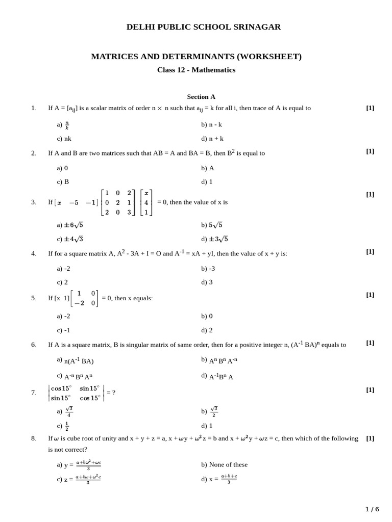 Class 12 Determinants Worksheet | PDF | Matrix (Mathematics) | Abstract ...
