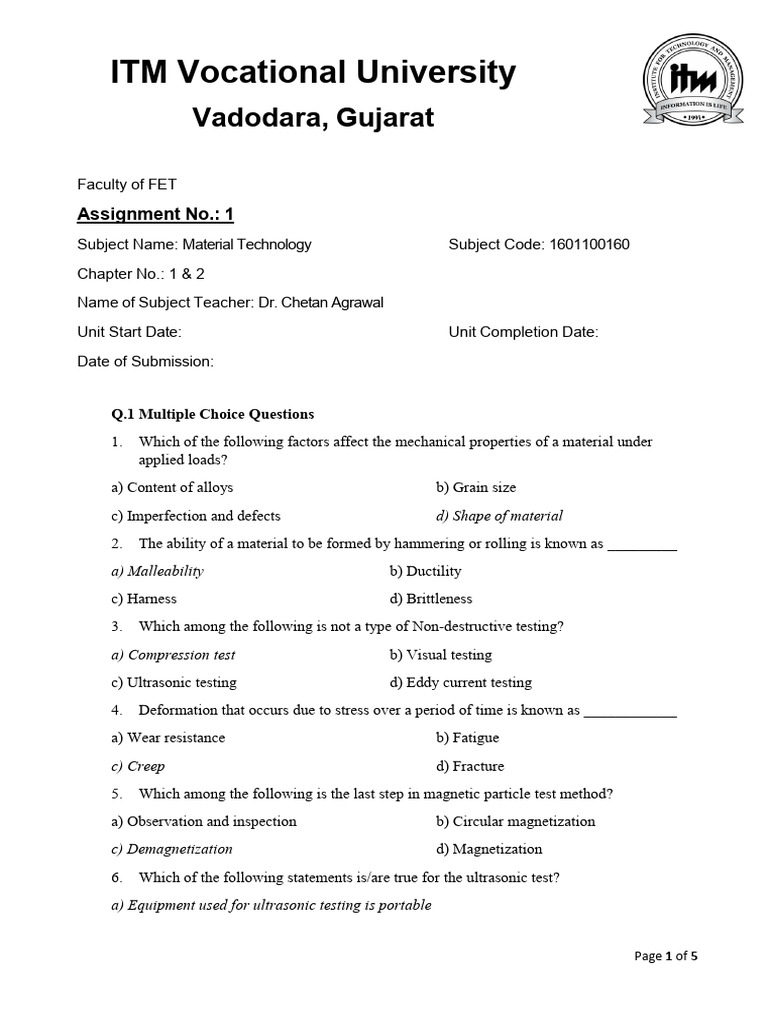 3rd - BTech - Assignment - 1 (MT) | PDF | Deformation (Engineering) | Crystal Structure