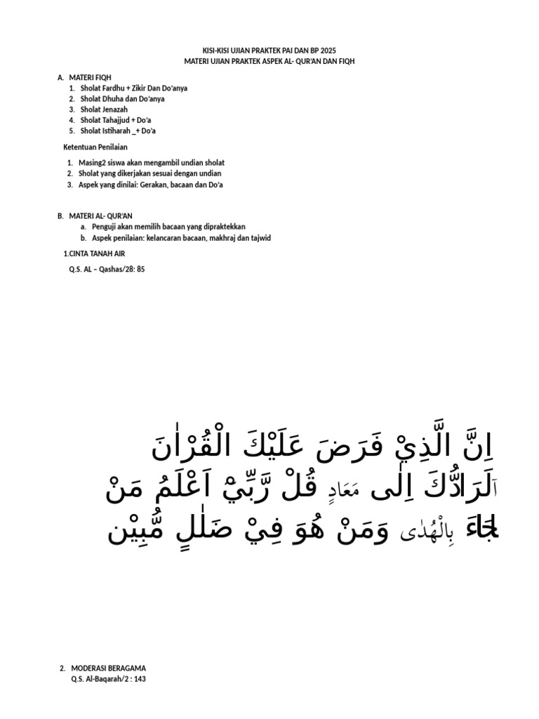 Kisi-Kisi Materi Ujian Praktek Pai Dan BP 2025 | PDF