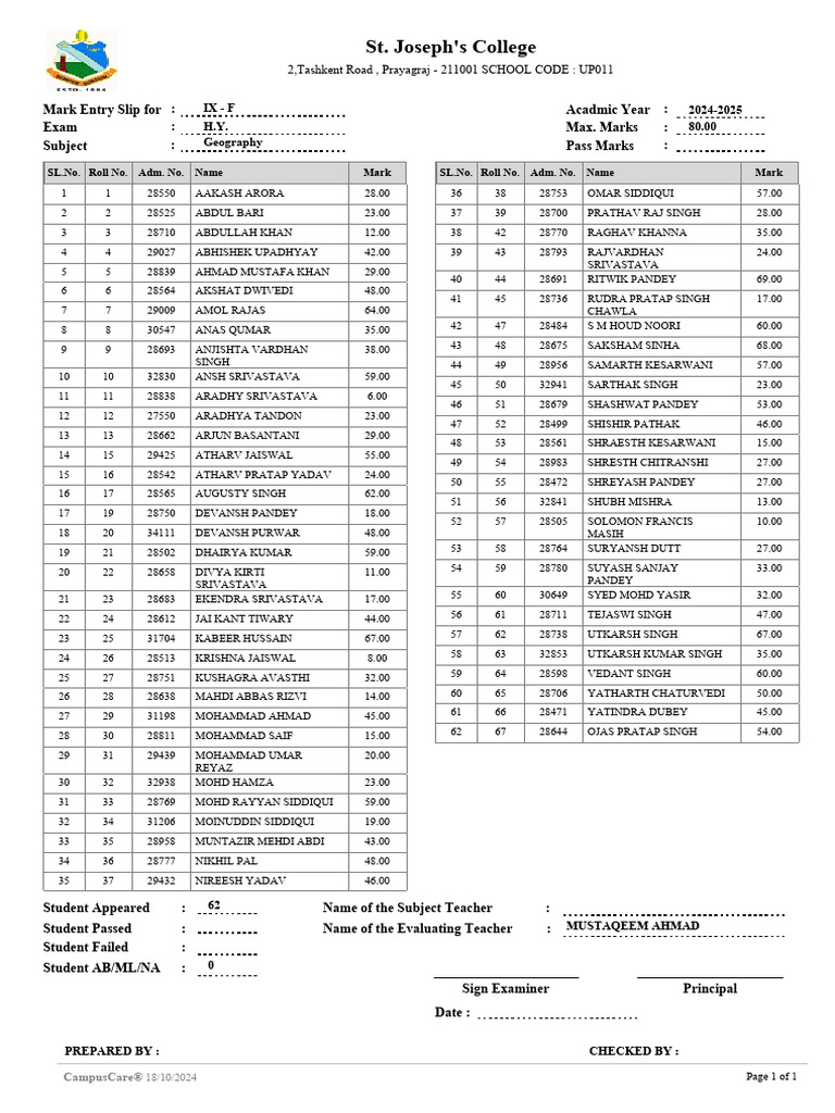 St. Joseph's College: Mark Entry Slip For Exam Subject Acadmic Year Max ...