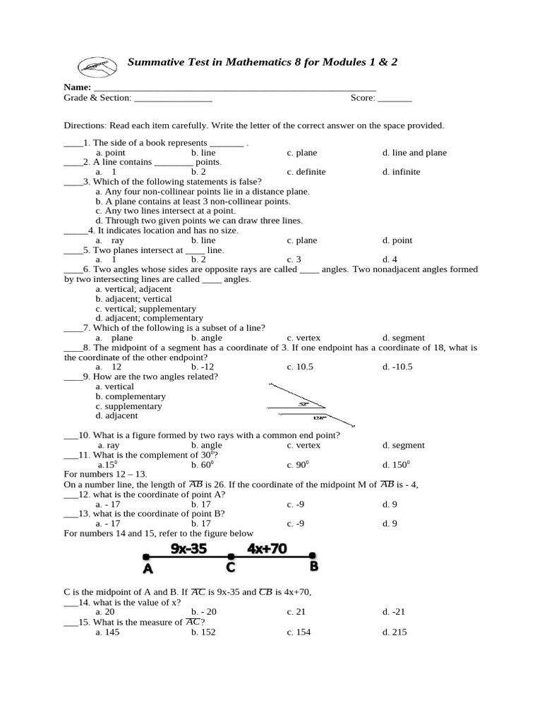 Summative Test in Math 8 For Modules 1 and 2 | PDF | Line (Geometry ...