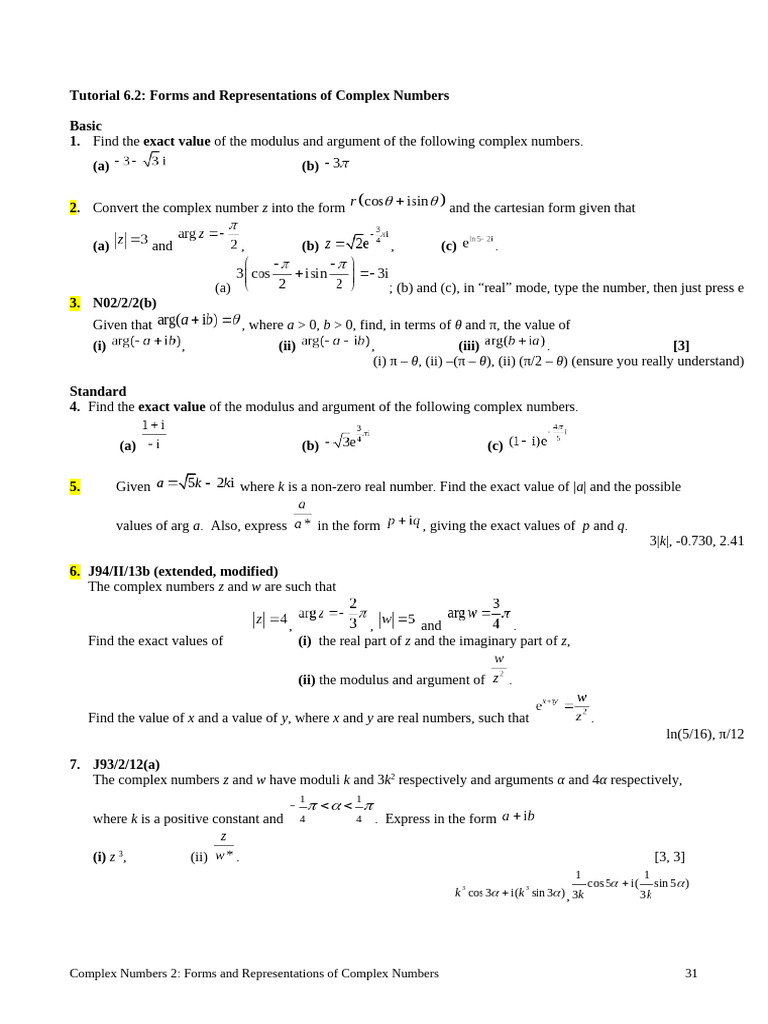 A06 FM Complex Numbers 2 Tutorial (Student) | PDF | Complex Number | Area