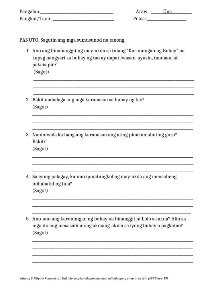 Worksheets in Filipino 7 | PDF