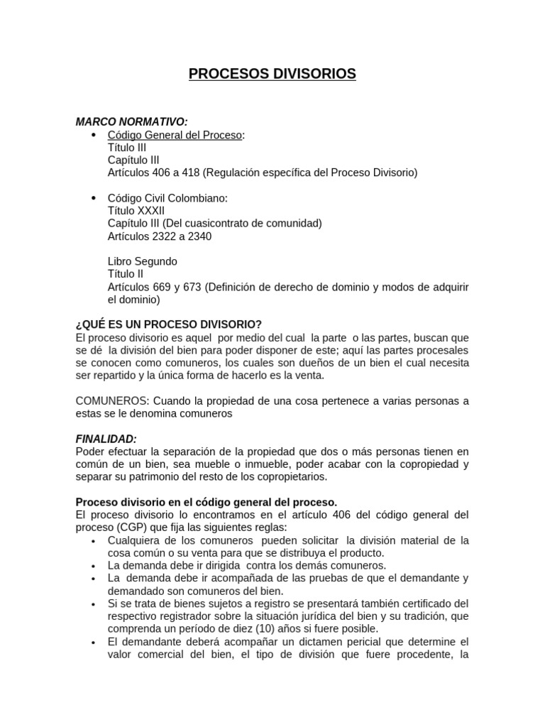 Procesos Divisorios | PDF | Propiedad | Demanda judicial