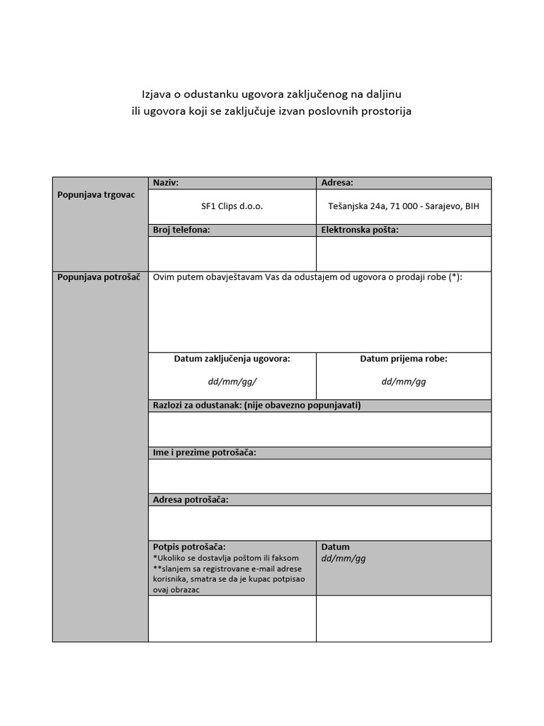 Obrazac Za Odustanak Od Kupovine | PDF