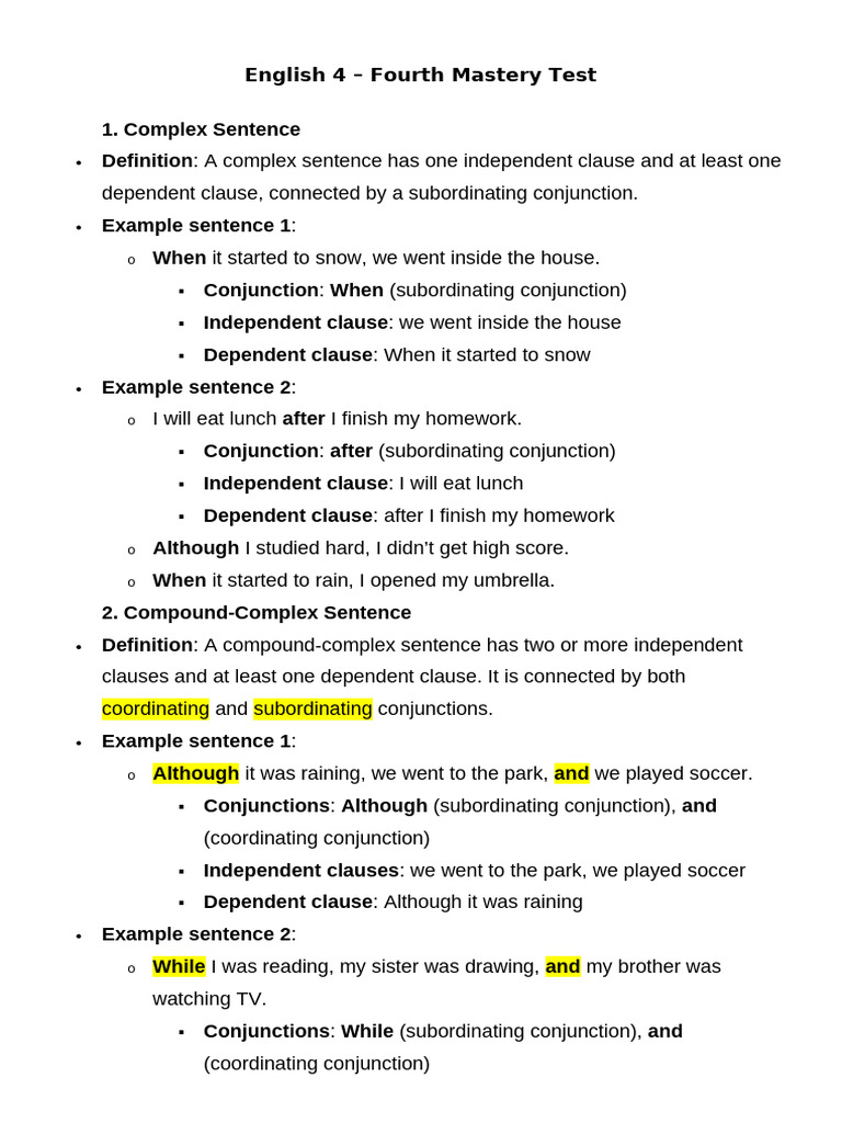 Mastery Test: Complex Sentences & Tenses | PDF | Semantic Units | Grammar