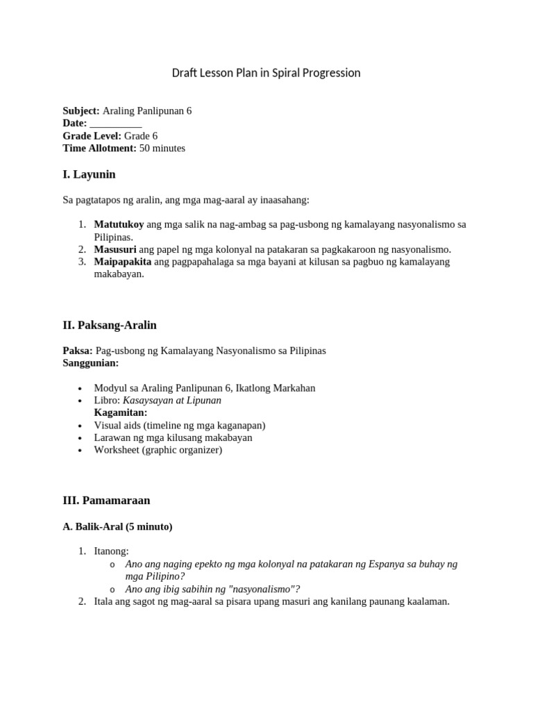 Draft Lesson Plan in Spiral Progression | PDF