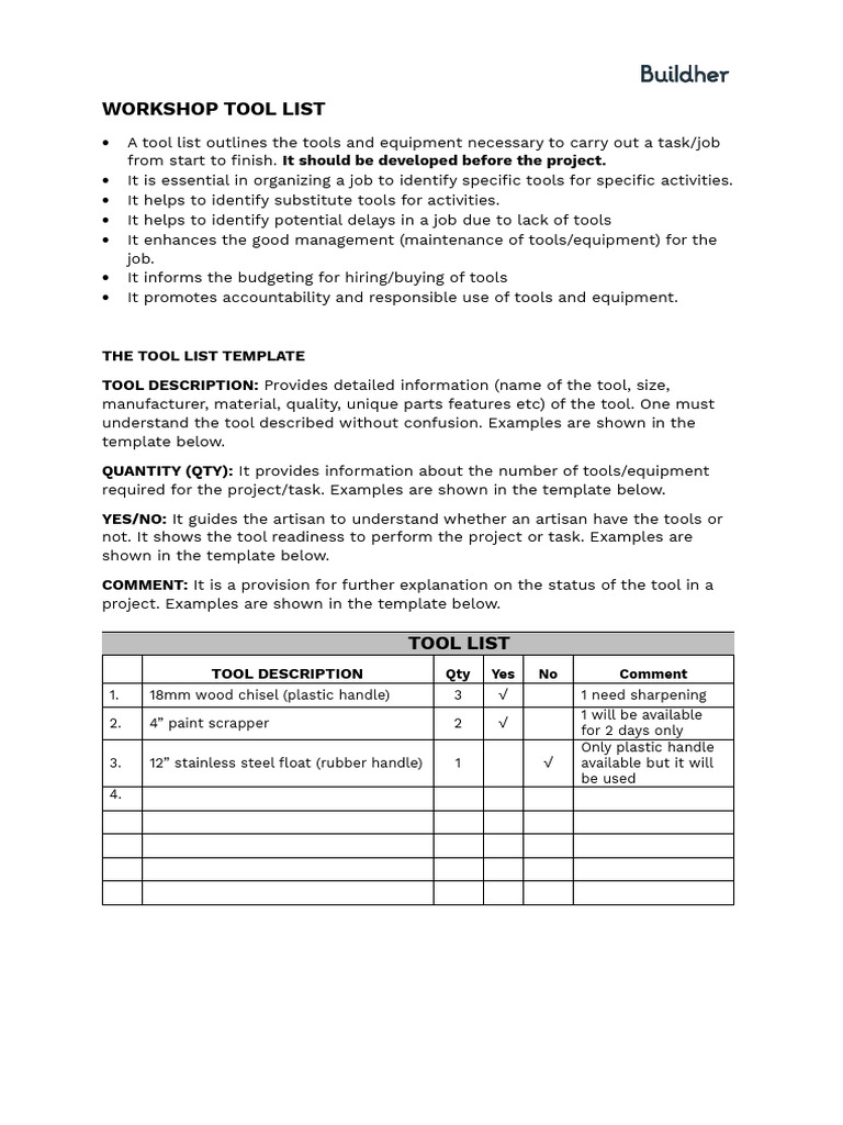 Workshop Tool List | PDF