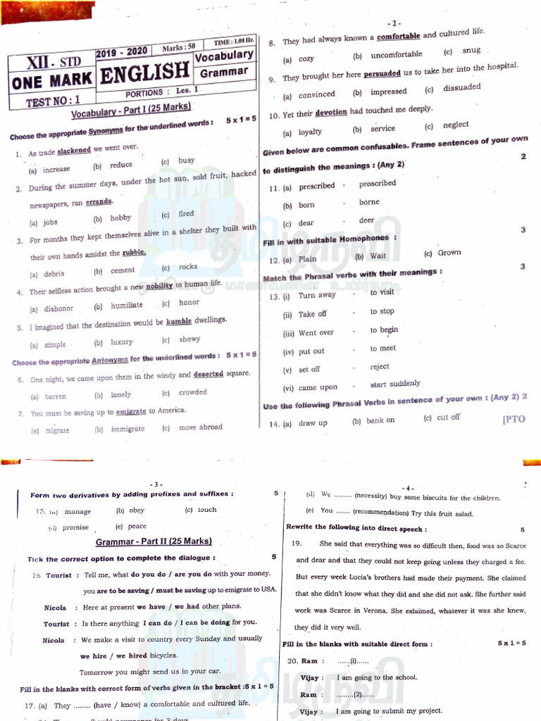 12th English - One Mark Questions - Study Materials Mr.M. Siva Kumar | PDF