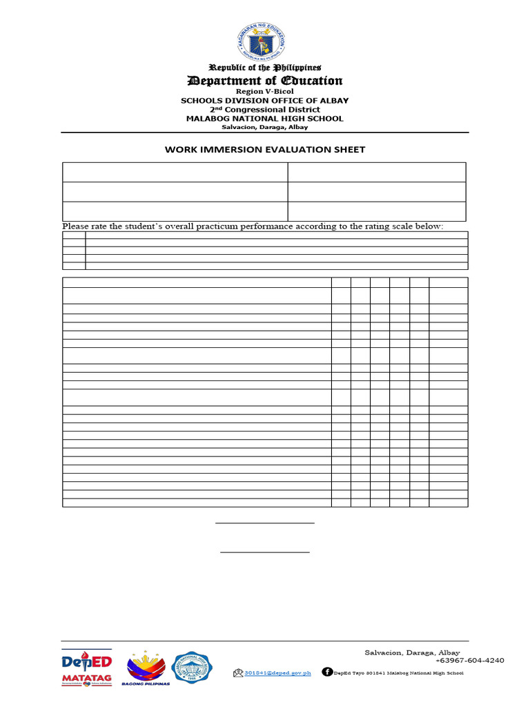 Work Immersion Evauation Sheet | PDF | Behavior Modification | Learning