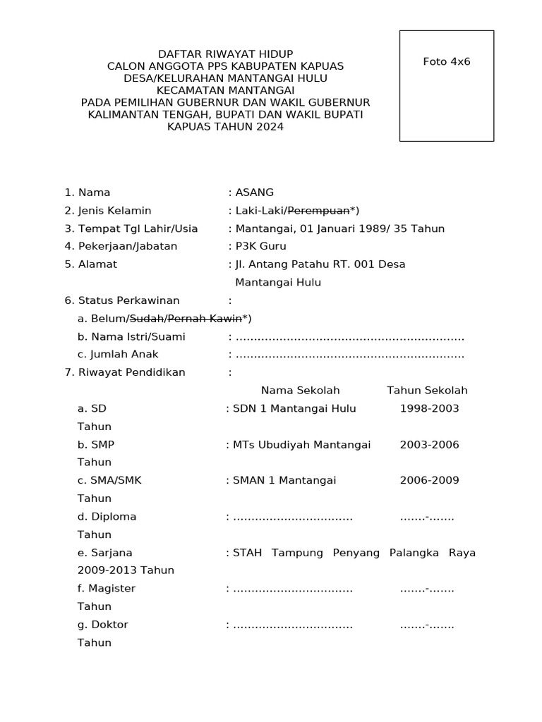 Daftar Riwayat Hidup - PPS Kapuas KALTENG | PDF