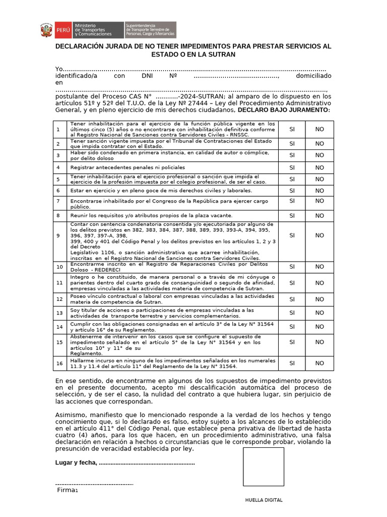 Declaración Jurada de No Tener Impedimentos para Prestar Servicios Al Estado o en La Sutran | PDF