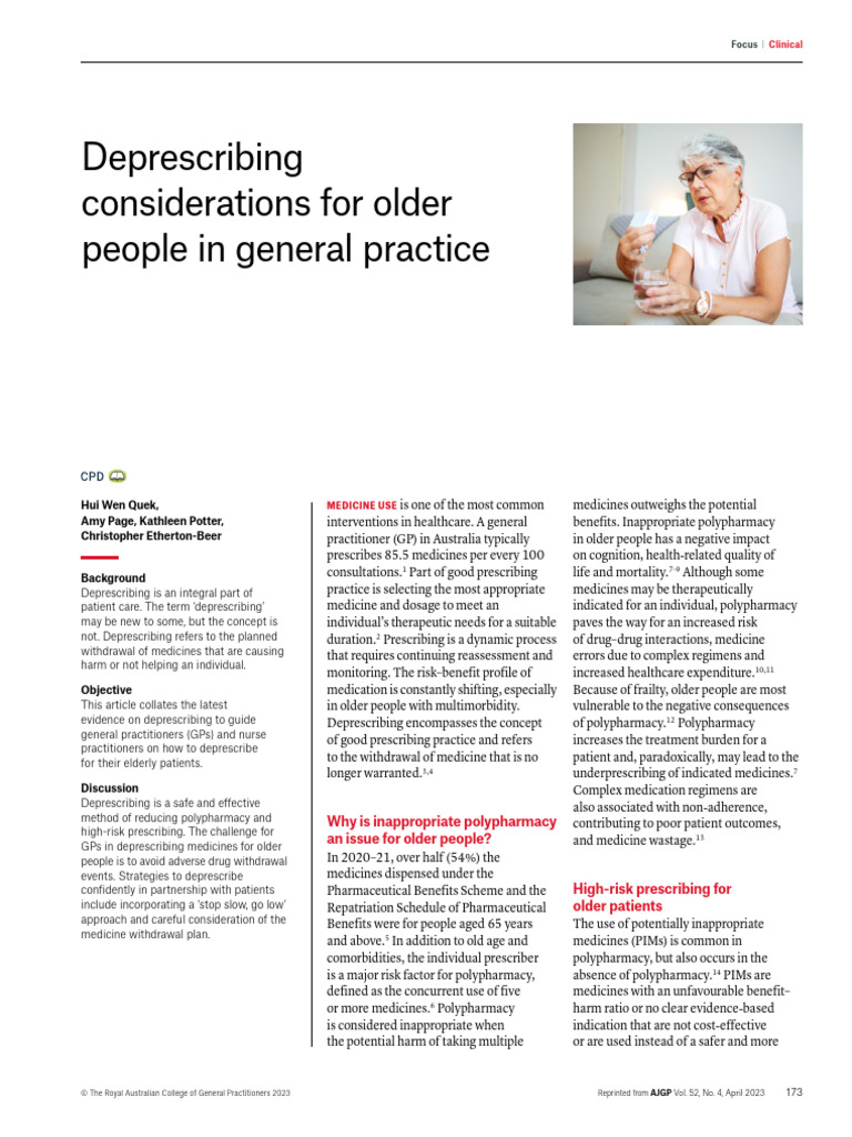 AJGP 04 2023 Focus Quek Deprescribing Older People WEB | PDF | Pharmacology | Medical Treatments
