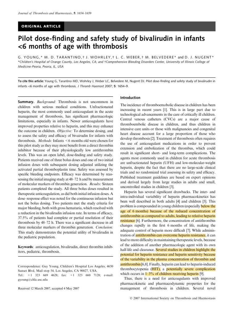 Pilot Dose-Finding and Safety Study of Bivalirudin in Infants 6 Months ...