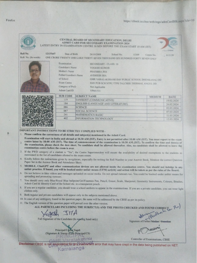 Admit Card Class 10 | PDF