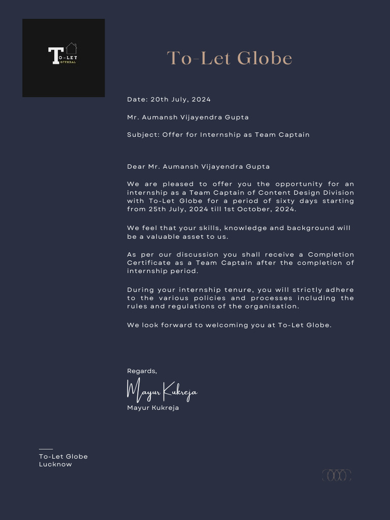 Offer Letter As Team Captain | PDF