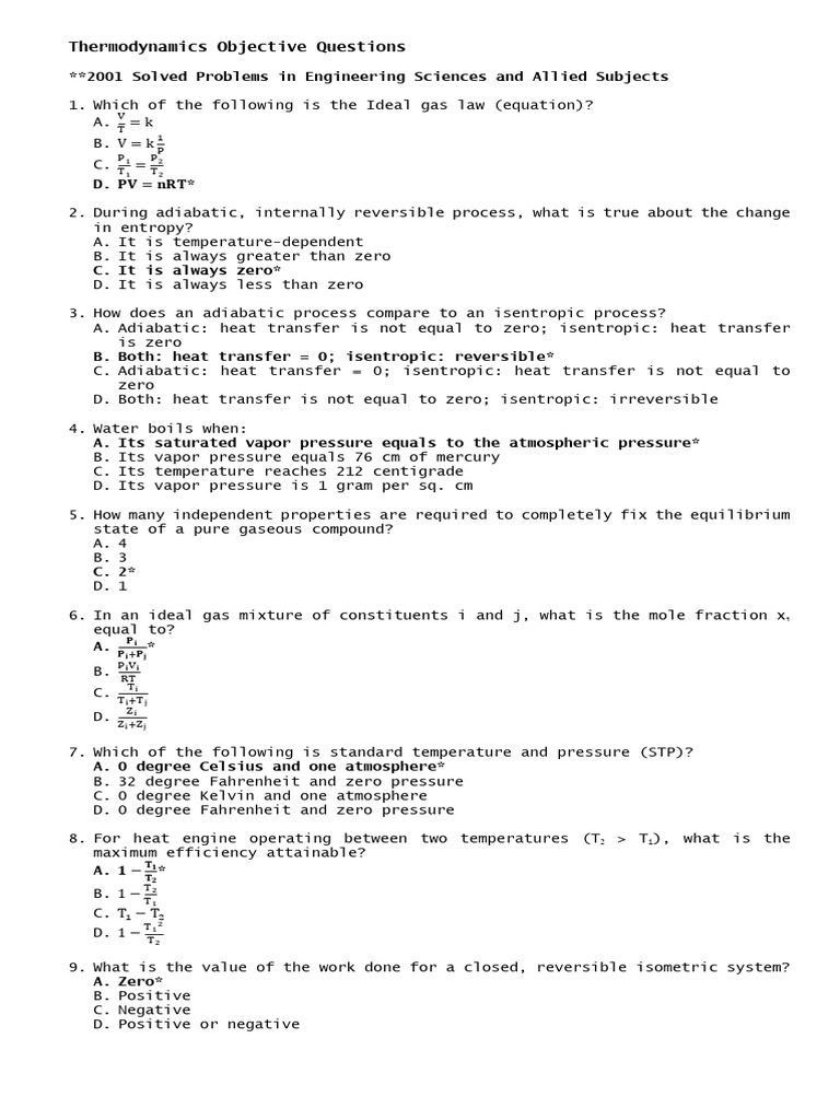 Thermodynamics Objective Questions | PDF | Temperature | Entropy