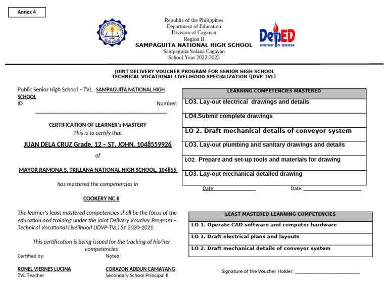 Annex 4 JDVP Certificate of Learners Mastery 01212020 | PDF