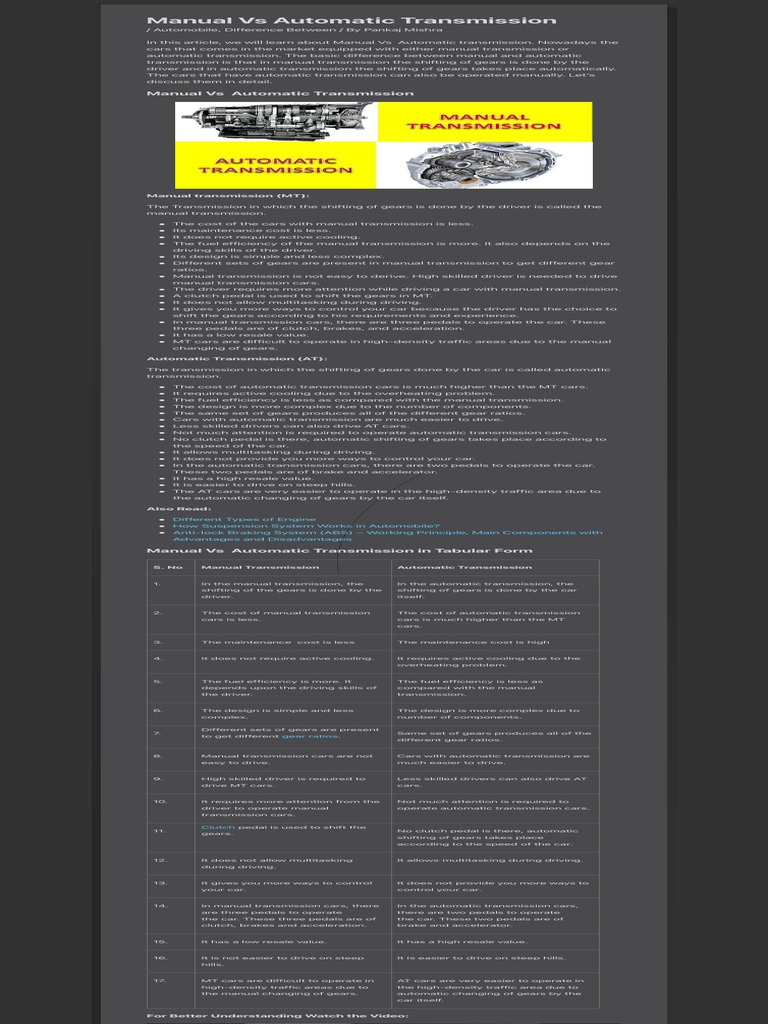 Manual vs Automatic Transmission Guide | PDF | Manual Transmission ...