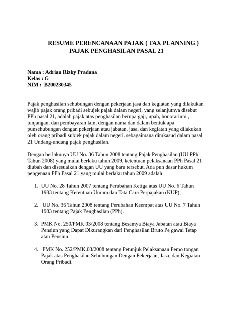 Adrian Rizky Pradana - B200230345 - Resume Perencanaan Pajak PPH 21 | PDF