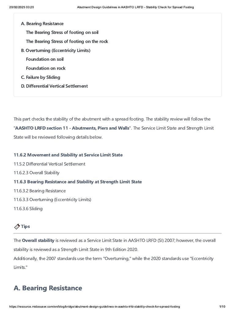 Abutment Design Guidelines in AASHTO LRFD - Stability Check for Spread Footing | PDF