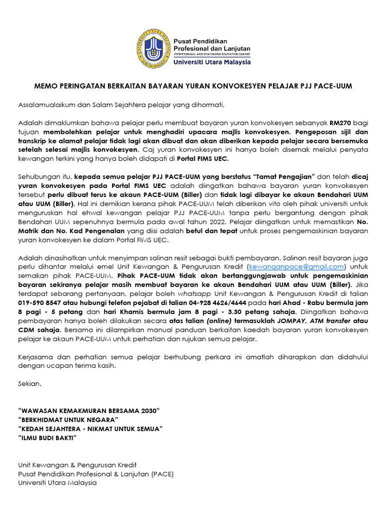 Memo Peringatan Berkaitan Kaedah Bayaran Yuran Konvokesyen Ke Akaun Pace Uum | PDF