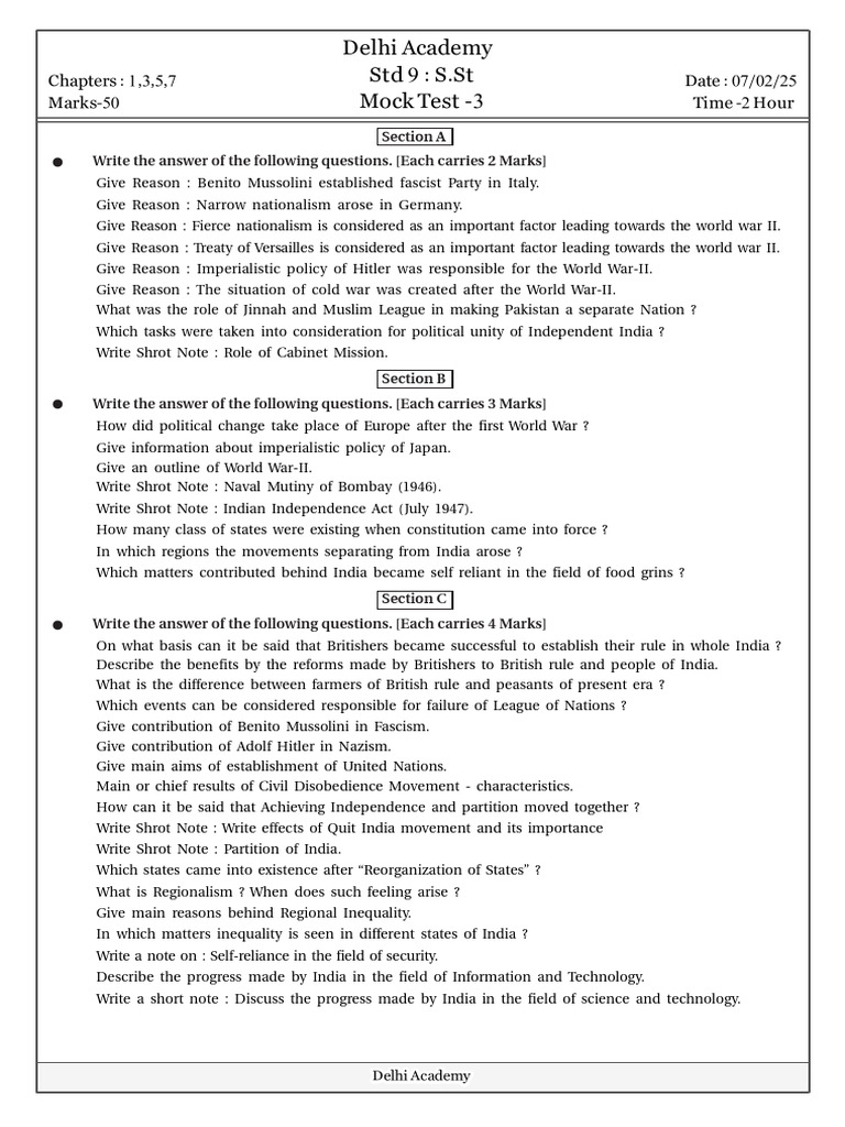 Delhi Academy Std 9 S.St Mock Test 3 | PDF | World War II | Fascism