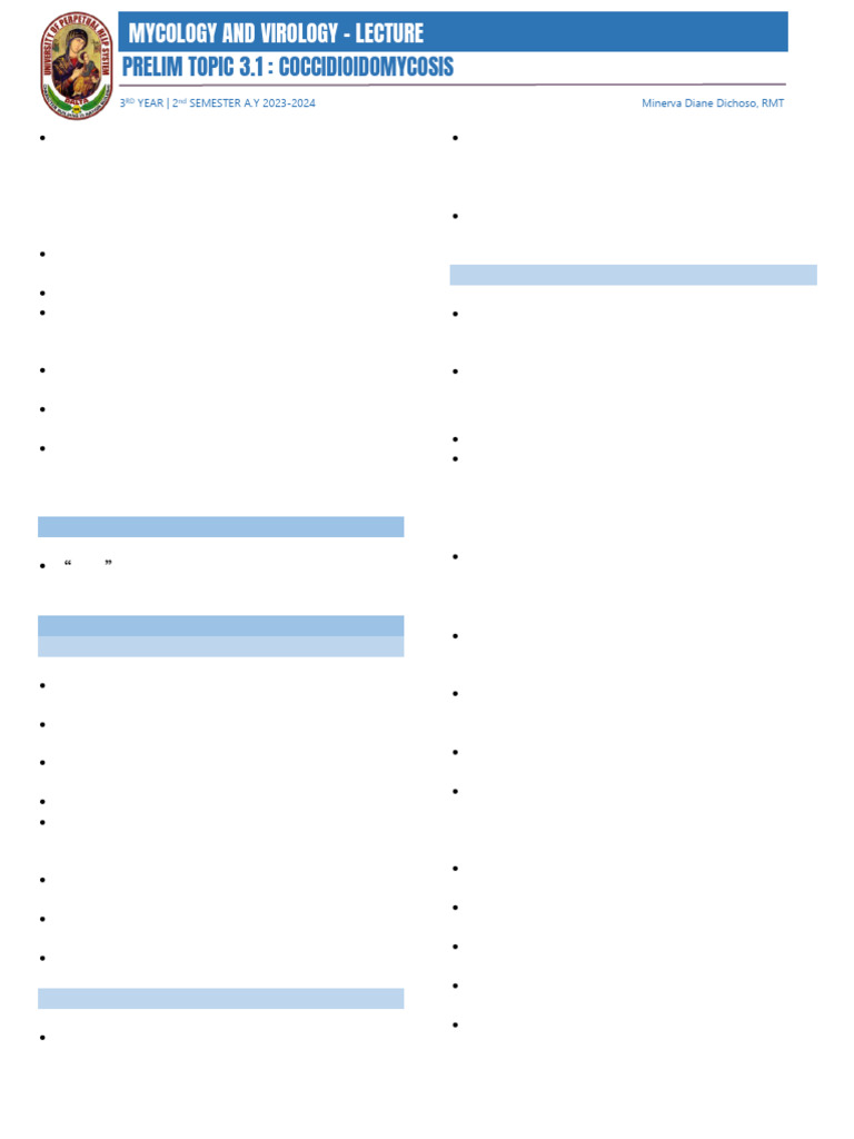 MYCOVIRO LEC_PRELIM TOPIC 3.1- COCCIDIOIDOMYCOSIS | PDF | Human Diseases And Disorders | Medical ...