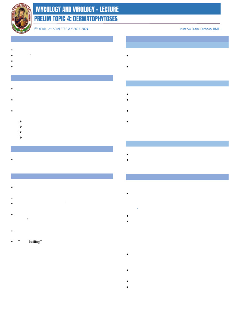 Mycoviro Lec - Prelim Topic 4 - Dermatophytoses | PDF | Mycology | Fungus