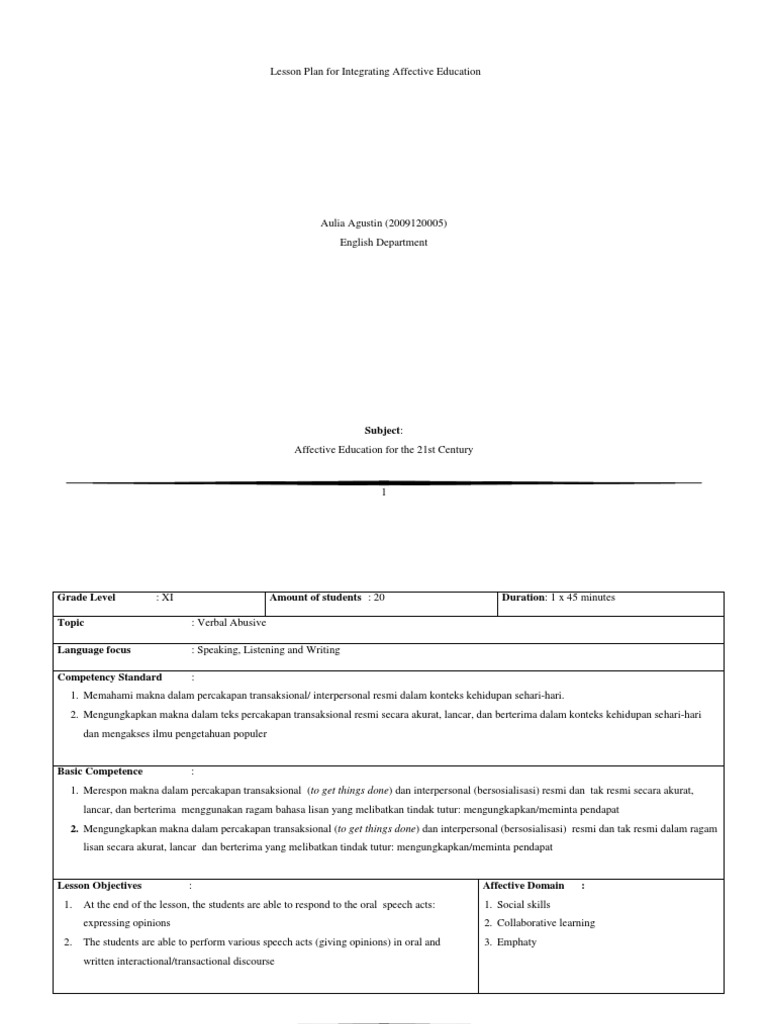 Lesson Plan For Affective | PDF | Empathy | Interview
