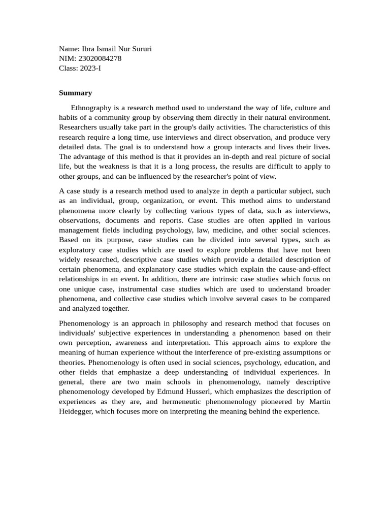 Ethnography, Case Study, and Phenomenology | PDF | Phenomenology ...