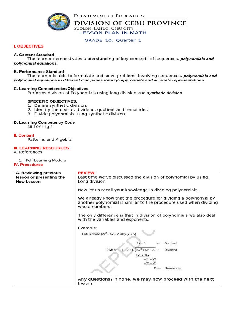 DLP in SYNTHETIC DIVISION | PDF | Division (Mathematics) | Polynomial