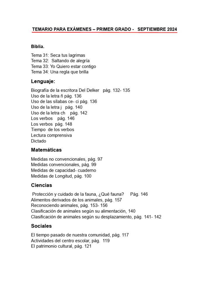 Temario Exámenes Primer Grado 2024 | PDF