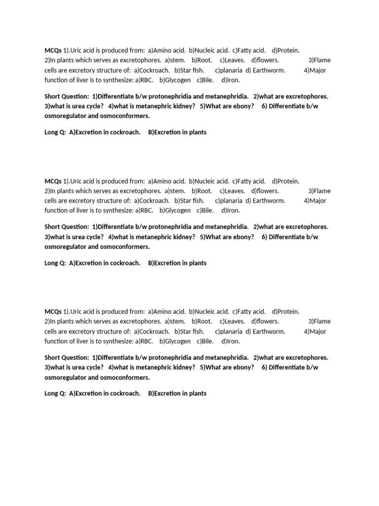 Excretion MCQs and Short Questions | PDF