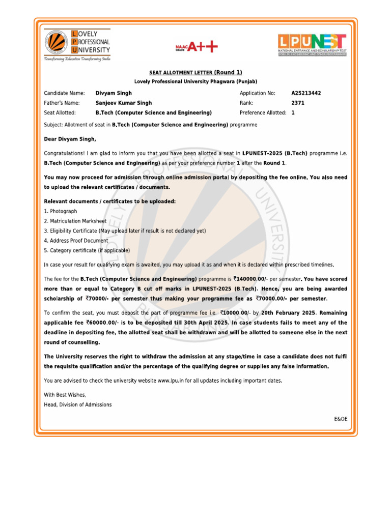 LPU Allotment letter | PDF