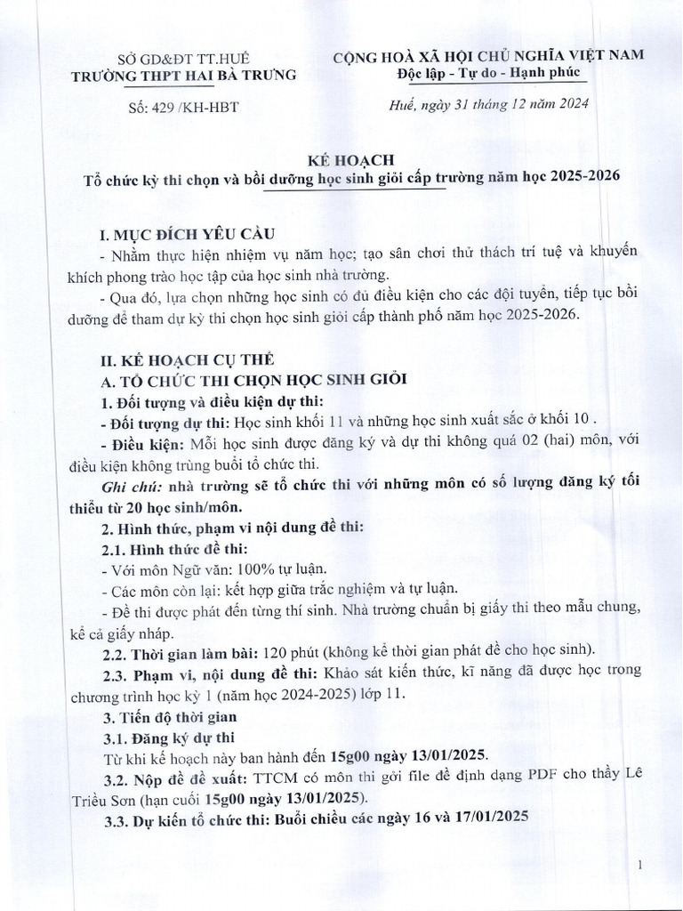 Kế Hoạch Thi Chọn BD HSG Năm Học 2025 2026 - 0001 | PDF