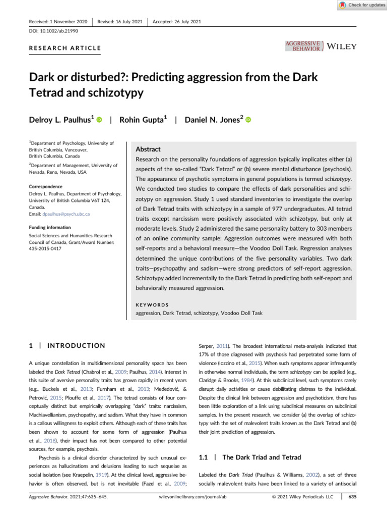 Aggressive Behavior - 2021 - Paulhus - Dark or Disturbed Predicting ...