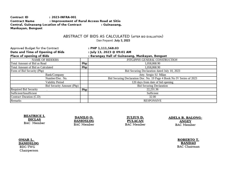 ABSTRACT OF BID As Calculated Helen | PDF